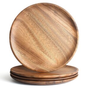 IQCWOOD Wooden Dinner Plates, 11 Inch Round Wood Dinner Plates Set of 4, Acacia Wooden Plates Round Tray Serving Platter for Food Sandwich Dessert Snack Plates