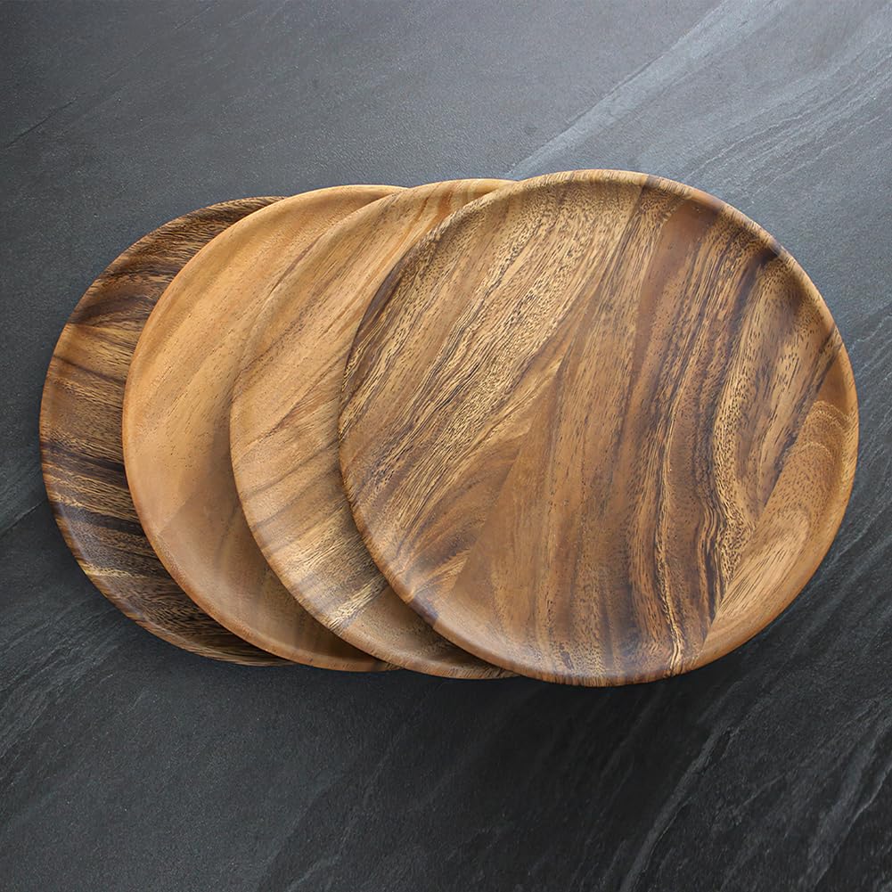 IQCWOOD Wooden Dinner Plates, 11 Inch Round Wood Dinner Plates Set of 4, Acacia Wooden Plates Round Tray Serving Platter for Food Sandwich Dessert Snack Plates