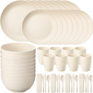 56 pcs wheat straw dinnerware sets for 8 reusable plates and bowls set, plastic children cups, forks, knives and spoon dishwasher microwave safe for kitchen camping party picnic outdoor (beige)