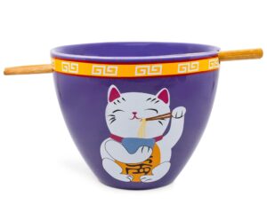 boom trendz bowl bop purple lucky cat japanese ceramic dinnerware set | includes 16-ounce ramen and wooden chopsticks asian food dish for home kitchen kawaii anime gifts, maneki neko collectible