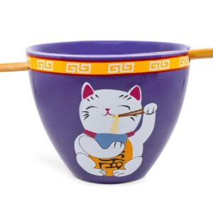 Boom Trendz Bowl Bop Purple Lucky Cat Japanese Ceramic Dinnerware Set | Includes 16-Ounce Ramen and Wooden Chopsticks Asian Food Dish for Home Kitchen Kawaii Anime Gifts, Maneki Neko Collectible