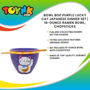 Boom Trendz Bowl Bop Purple Lucky Cat Japanese Ceramic Dinnerware Set | Includes 16-Ounce Ramen and Wooden Chopsticks Asian Food Dish for Home Kitchen Kawaii Anime Gifts, Maneki Neko Collectible