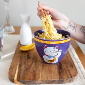 Boom Trendz Bowl Bop Purple Lucky Cat Japanese Ceramic Dinnerware Set | Includes 16-Ounce Ramen and Wooden Chopsticks Asian Food Dish for Home Kitchen Kawaii Anime Gifts, Maneki Neko Collectible