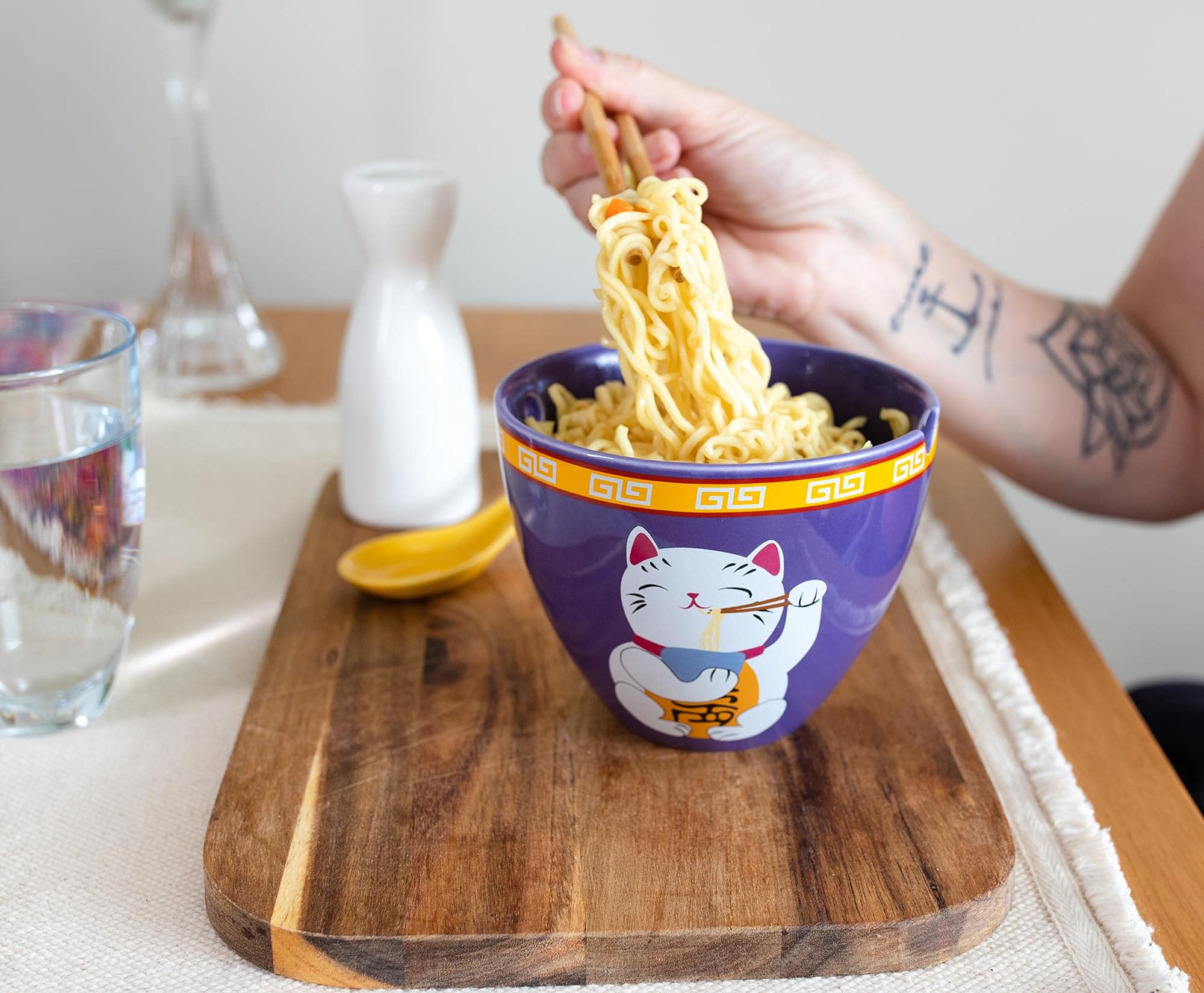 Boom Trendz Bowl Bop Purple Lucky Cat Japanese Ceramic Dinnerware Set | Includes 16-Ounce Ramen and Wooden Chopsticks Asian Food Dish for Home Kitchen Kawaii Anime Gifts, Maneki Neko Collectible