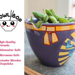 Boom Trendz Bowl Bop Purple Lucky Cat Japanese Ceramic Dinnerware Set | Includes 16-Ounce Ramen and Wooden Chopsticks Asian Food Dish for Home Kitchen Kawaii Anime Gifts, Maneki Neko Collectible