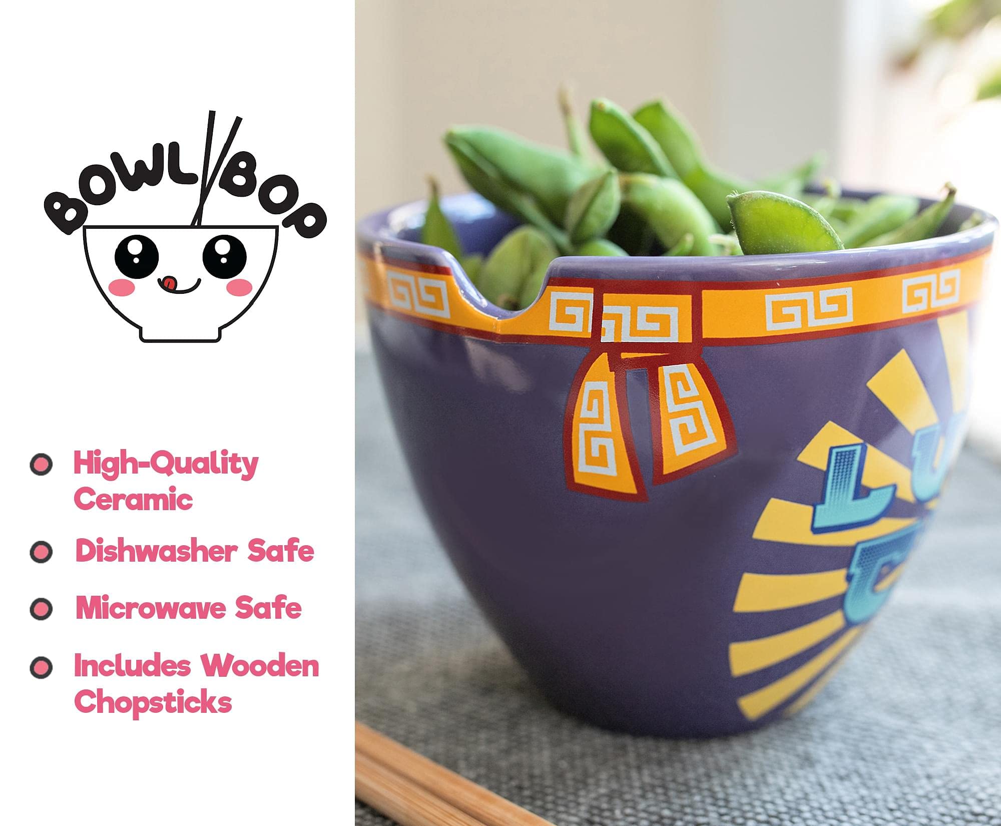 Boom Trendz Bowl Bop Purple Lucky Cat Japanese Ceramic Dinnerware Set | Includes 16-Ounce Ramen and Wooden Chopsticks Asian Food Dish for Home Kitchen Kawaii Anime Gifts, Maneki Neko Collectible