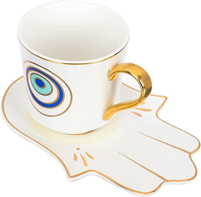 MOWUQEEN Espresso Coffee Cups Set, Evil Eye cups Ceramic Coffee Mug,Hamsa Cute Cup and Saucer,Tea Cup Set (DY-Devil's Eye Cup-A)