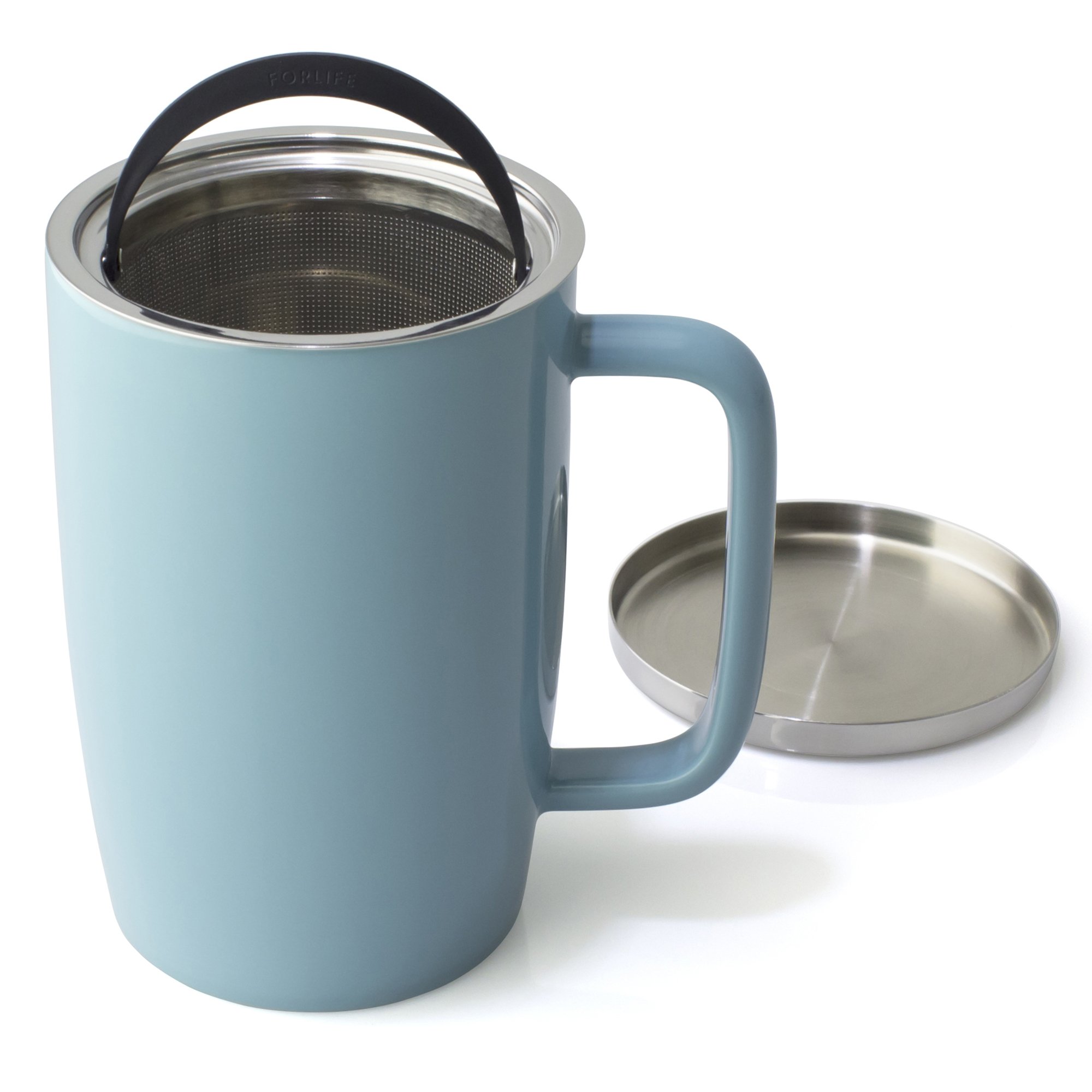 FORLIFE Dew Glossy Finish Brew-In-Mug with Basket Infuser & "Mirror" Stainless Lid 18 oz., Turquoise