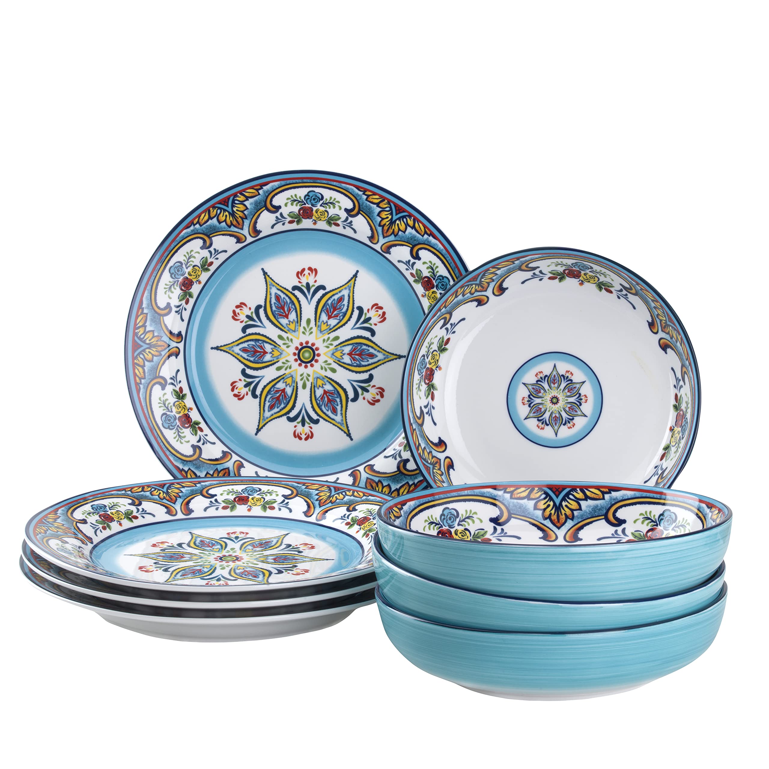 Euro Ceramica Zanzibar 8-Piece Dinnerware Set | Fine Kitchenware | Floral Multicolor Design Stoneware Tableware Service For 4,Large