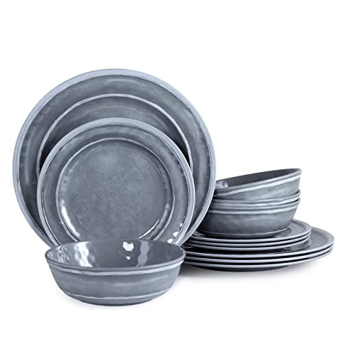 Melamine Dinnerware Sets, Plates and Bowls Sets, 12Pcs Dinnerware Sets for 4 Dish Set for Camping Indoor and Outdoor Use Unbreakable Dishwasher Safe BPA Free