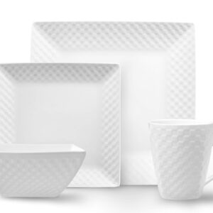 32 Pc. Square Basketweave Porcelain Dishes Set – White Dinner Plates, Bowls, Coffee Cups