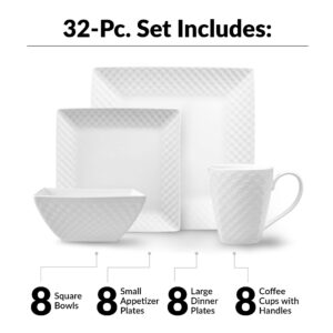 32 Pc. Square Basketweave Porcelain Dishes Set – White Dinner Plates, Bowls, Coffee Cups