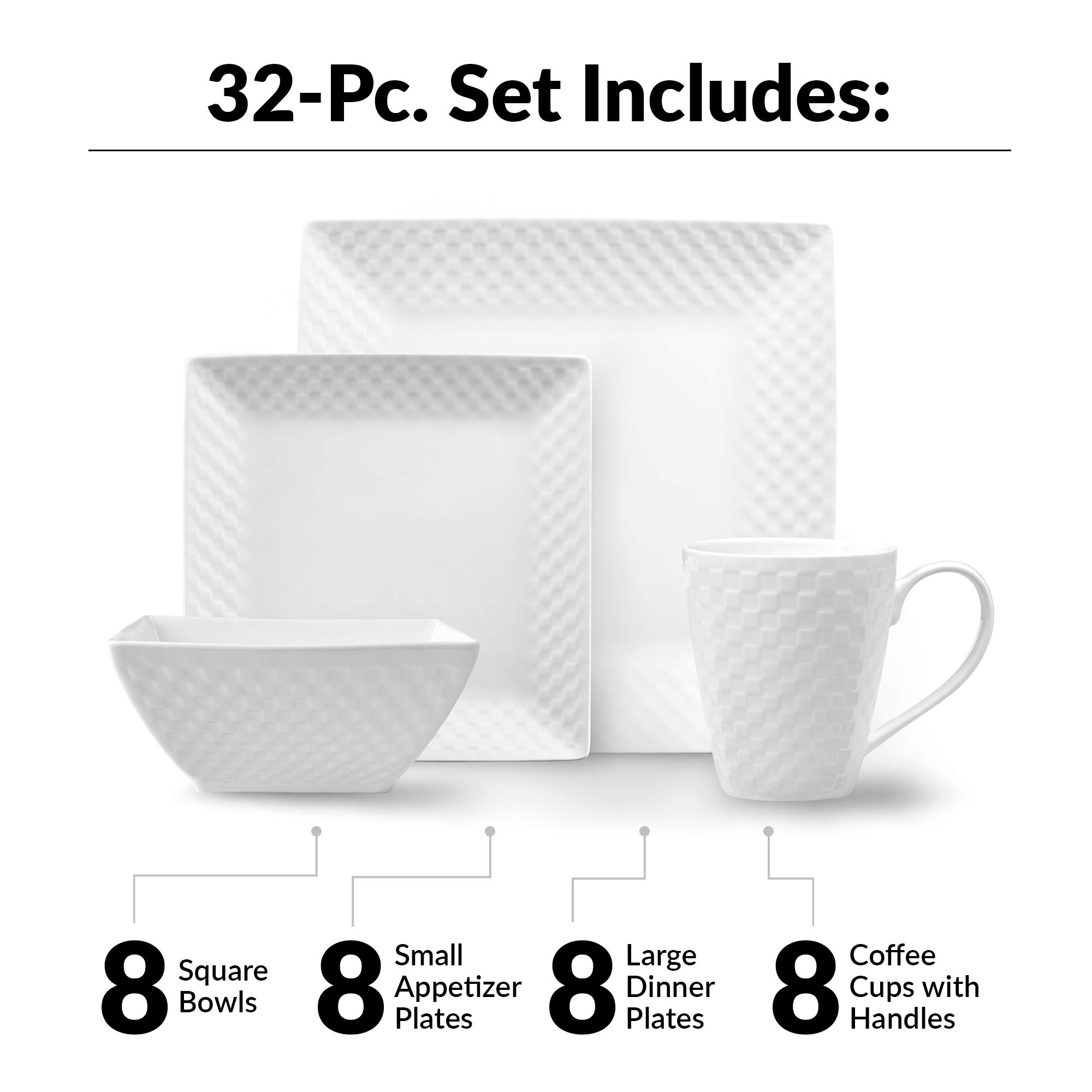 32 Pc. Square Basketweave Porcelain Dishes Set – White Dinner Plates, Bowls, Coffee Cups