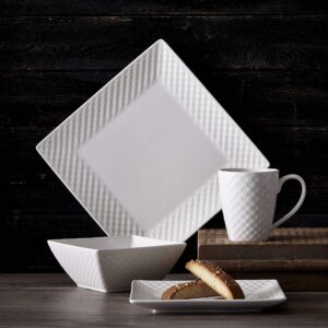 32 Pc. Square Basketweave Porcelain Dishes Set – White Dinner Plates, Bowls, Coffee Cups