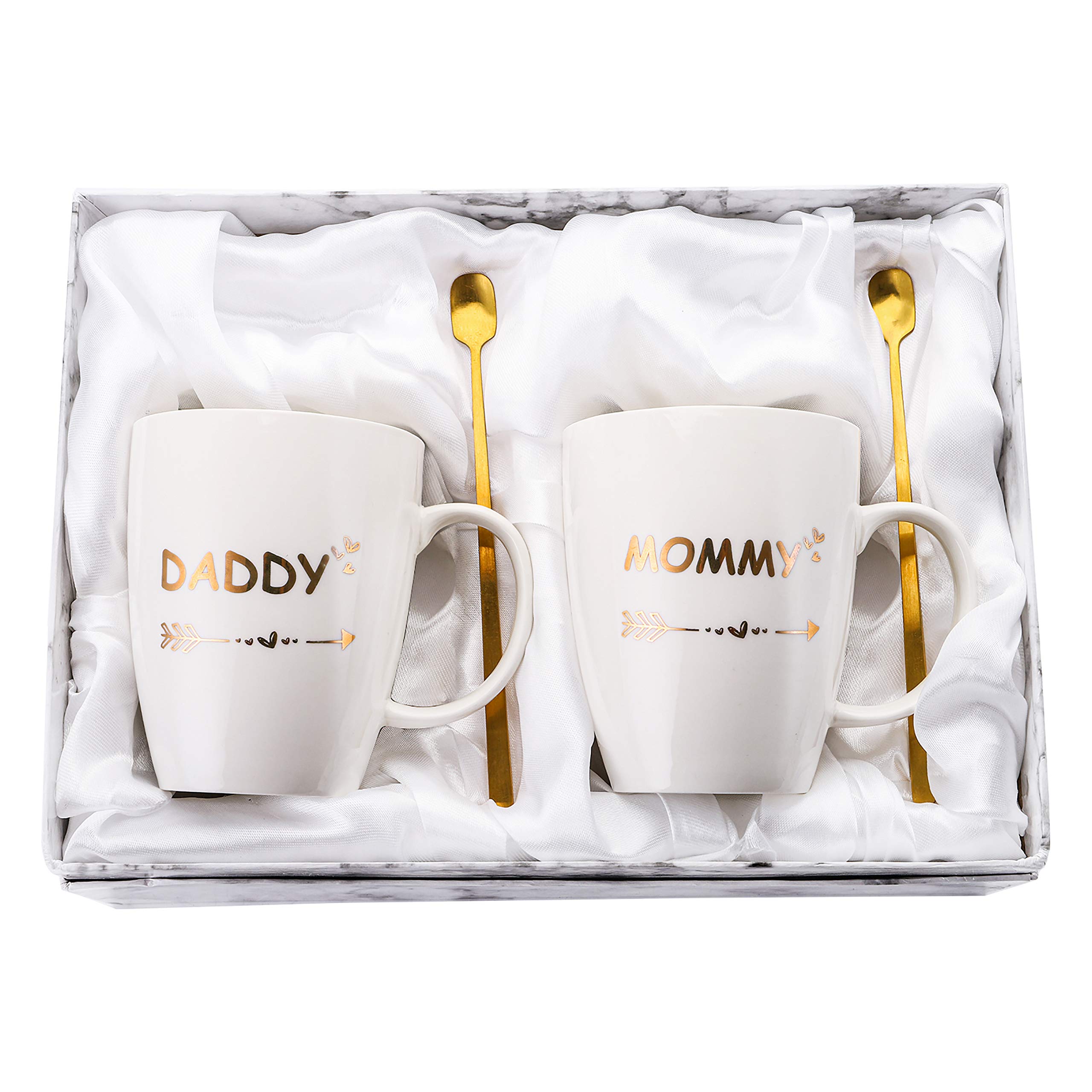 Cedilis Mom and Dad Coffee Mug Set, New Mom and Dad Gifts New Parents Gifts, Mother Father Ceramic Mugs Cups from Daughter Son, Exquisite Box Package with Spoons for Christmas, White, 15oz