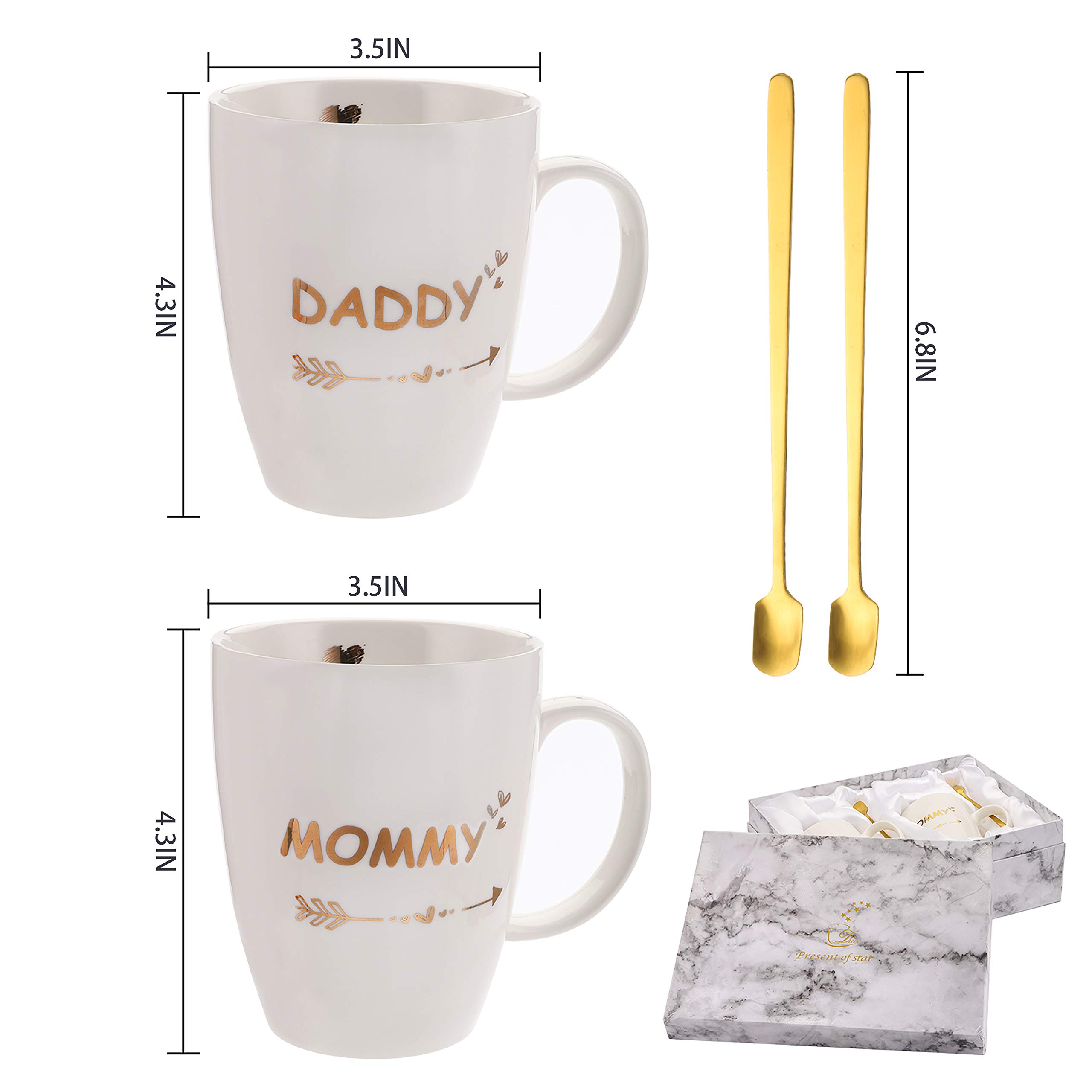 Cedilis Mom and Dad Coffee Mug Set, New Mom and Dad Gifts New Parents Gifts, Mother Father Ceramic Mugs Cups from Daughter Son, Exquisite Box Package with Spoons for Christmas, White, 15oz