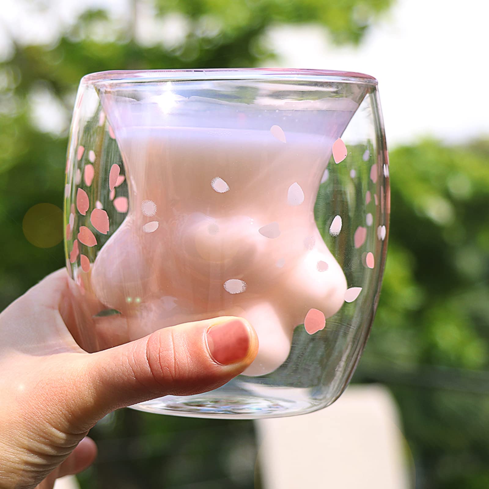 Cat Claw Cup Pink Cherry Printing Cat Paw Mug Cute Cat Foot Shape Transparent Double Wall Coffee Cups Insulated Thermo Milk Tea Juice Wine Whiskey Water Glass Cup 6oz