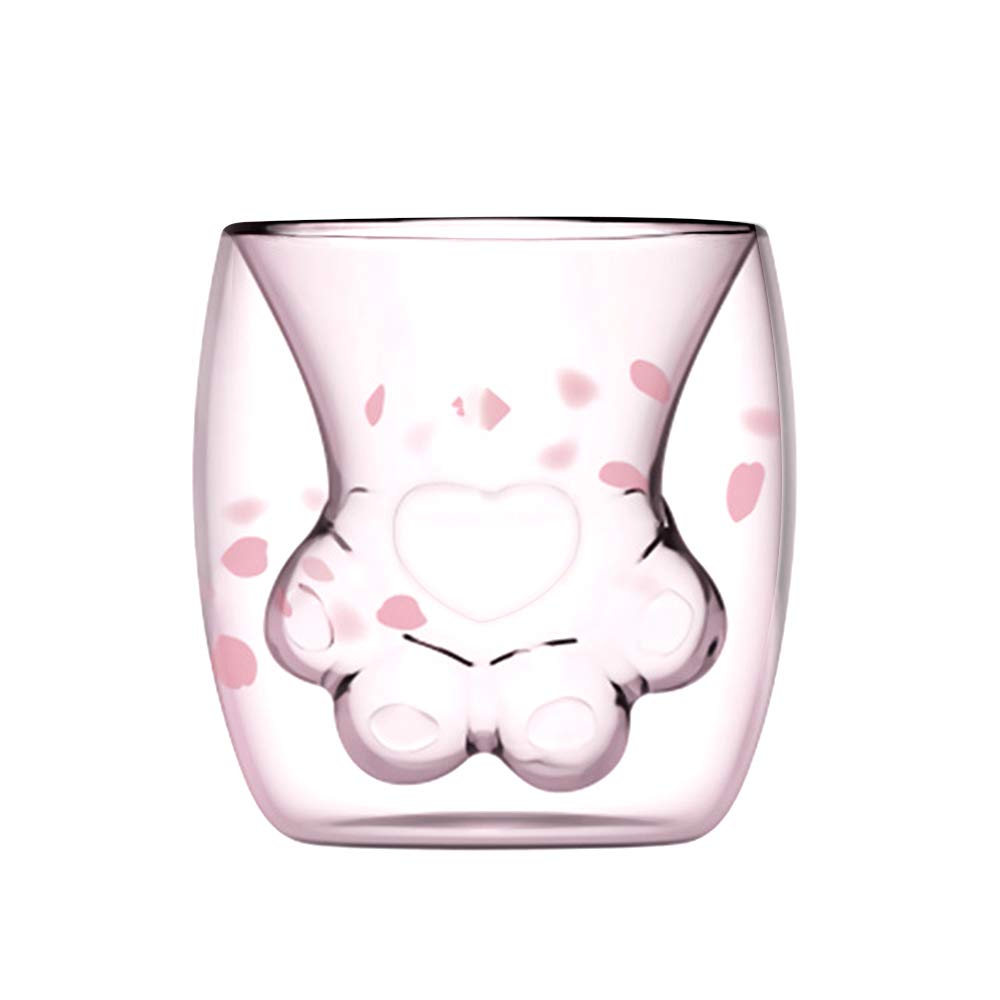 Cat Claw Cup Pink Cherry Printing Cat Paw Mug Cute Cat Foot Shape Transparent Double Wall Coffee Cups Insulated Thermo Milk Tea Juice Wine Whiskey Water Glass Cup 6oz