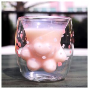 Cat Claw Cup Pink Cherry Printing Cat Paw Mug Cute Cat Foot Shape Transparent Double Wall Coffee Cups Insulated Thermo Milk Tea Juice Wine Whiskey Water Glass Cup 6oz