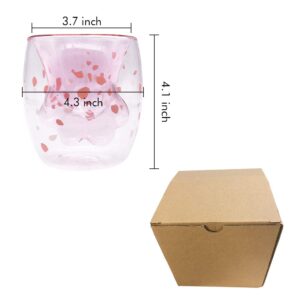 Cat Claw Cup Pink Cherry Printing Cat Paw Mug Cute Cat Foot Shape Transparent Double Wall Coffee Cups Insulated Thermo Milk Tea Juice Wine Whiskey Water Glass Cup 6oz