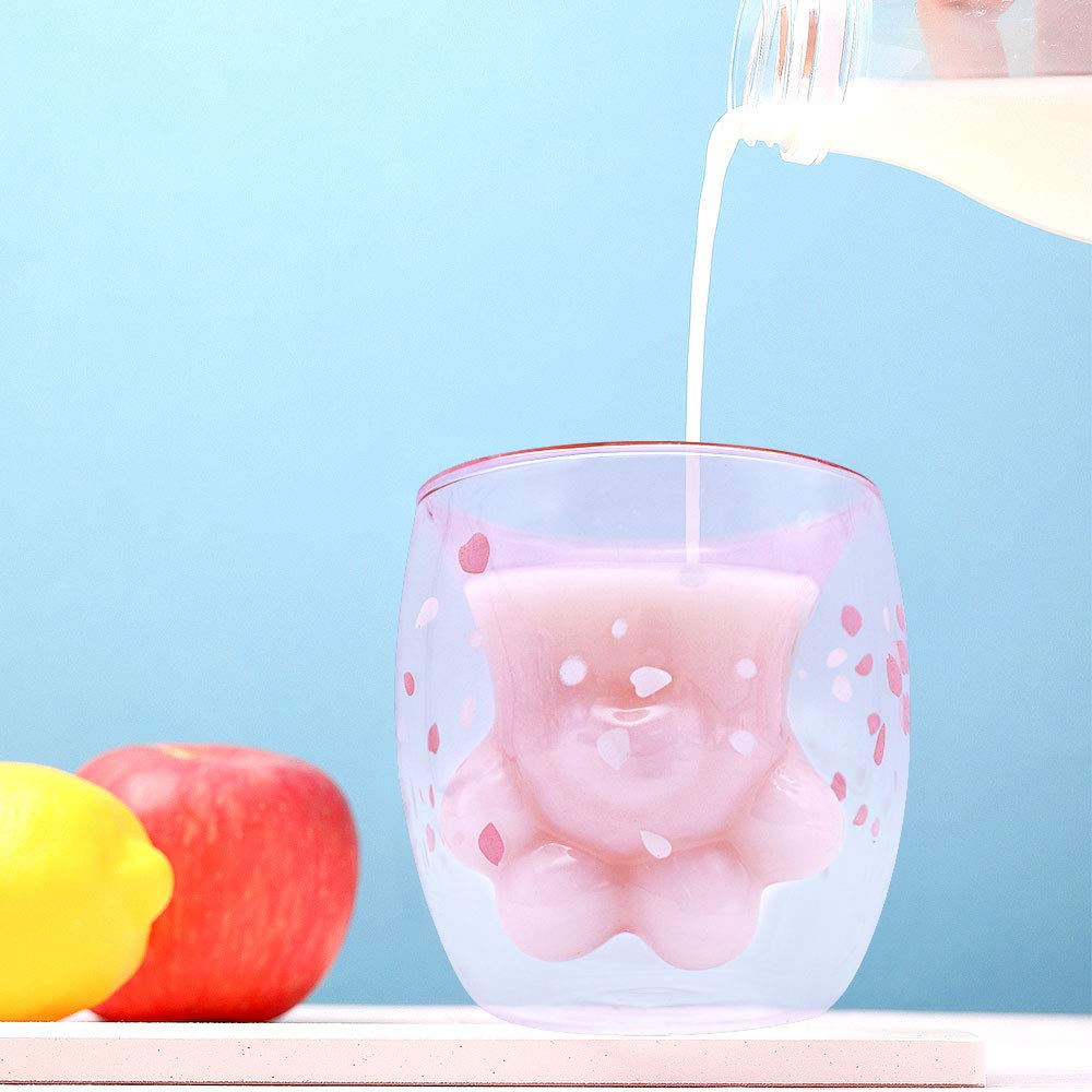 Cat Claw Cup Pink Cherry Printing Cat Paw Mug Cute Cat Foot Shape Transparent Double Wall Coffee Cups Insulated Thermo Milk Tea Juice Wine Whiskey Water Glass Cup 6oz