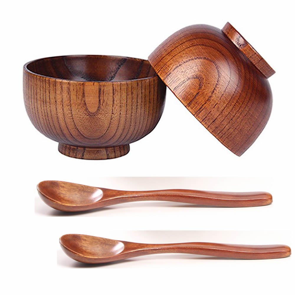 ORYOUGO 4 Pieces Wooden Handmade Bowl and Spoon for for Rice Miso Serving Home Kitchen Tableware