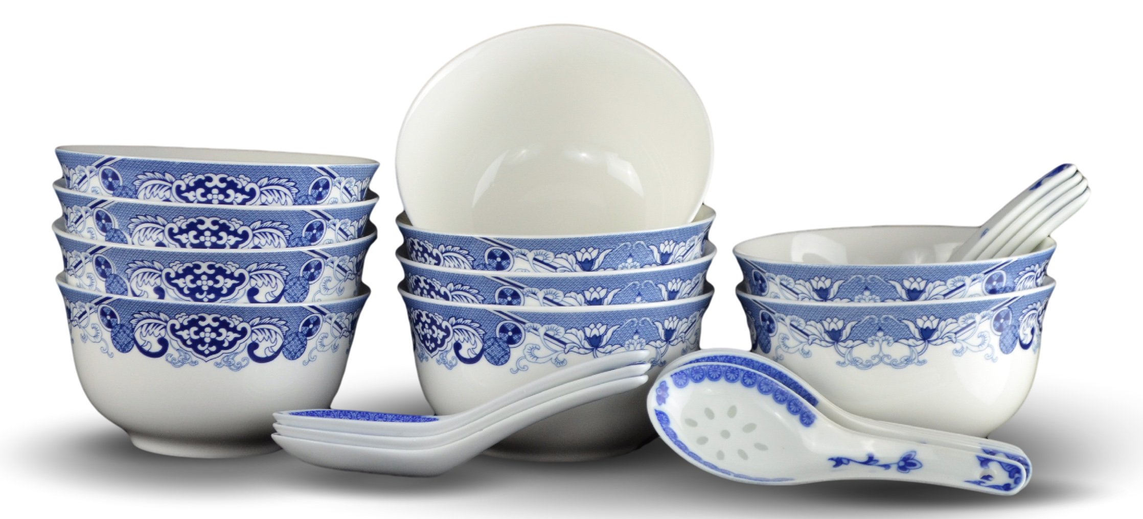 10 Pcs Fine Bone China Blue and White Chinese Soup Bowls Ceramic Porcelain Bowl, with Free 10 Porcelain Spoons Rice Bowl