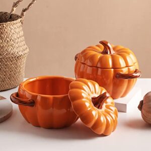 Yeexoxow Pumpkin Shaped Bowl 54 Oz, Pumpkin Bowl with Handles for Serving Soup, Ceramic Pumpkin Candy Dish with Lid, Orange