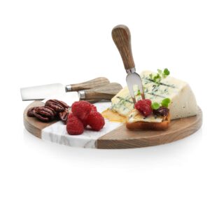 prologue handcrafted 3 handled cheese knives, wood and marble appetizer board (10-inch)