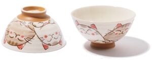 mino ware japanese rice bowl set ceramic cute smiling cats design set of 2 bowls pink