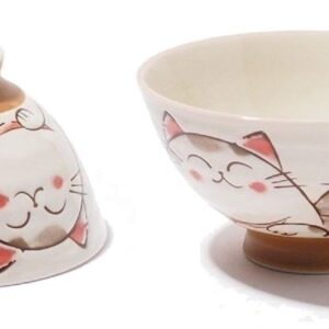 Mino Ware Japanese Rice Bowl Set Ceramic Cute Smiling Cats Design Set of 2 Bowls Pink