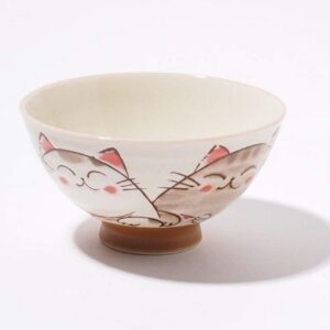 Mino Ware Japanese Rice Bowl Set Ceramic Cute Smiling Cats Design Set of 2 Bowls Pink