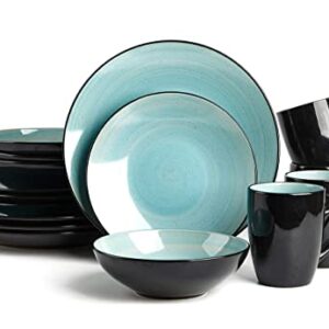 HomeVss Sonoma 16 Piece Stoneware Dinner Set, Outside Black + Inside Handpainted Color Turquoise with speckle