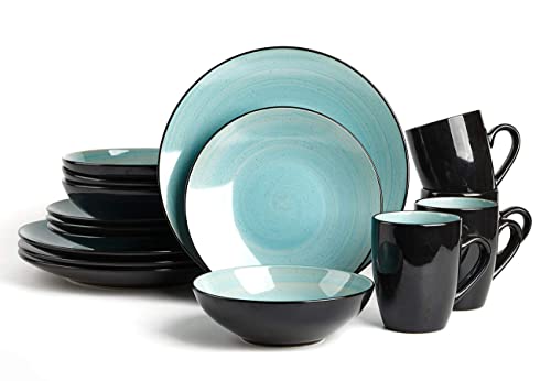 HomeVss Sonoma 16 Piece Stoneware Dinner Set, Outside Black + Inside Handpainted Color Turquoise with speckle