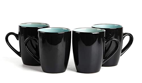 HomeVss Sonoma 16 Piece Stoneware Dinner Set, Outside Black + Inside Handpainted Color Turquoise with speckle