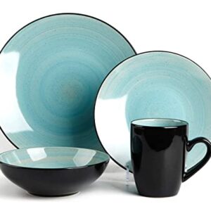 HomeVss Sonoma 16 Piece Stoneware Dinner Set, Outside Black + Inside Handpainted Color Turquoise with speckle