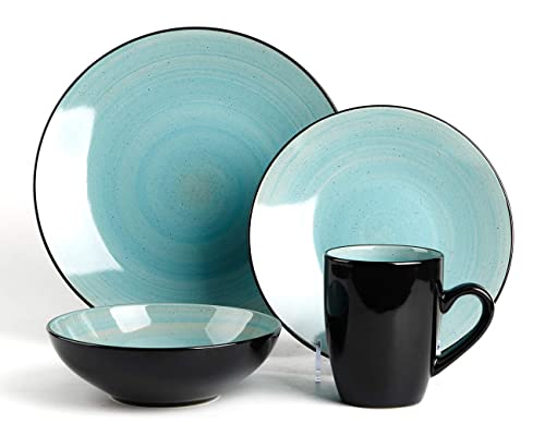 HomeVss Sonoma 16 Piece Stoneware Dinner Set, Outside Black + Inside Handpainted Color Turquoise with speckle