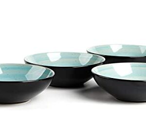 HomeVss Sonoma 16 Piece Stoneware Dinner Set, Outside Black + Inside Handpainted Color Turquoise with speckle