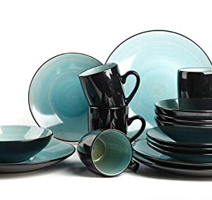 HomeVss Sonoma 16 Piece Stoneware Dinner Set, Outside Black + Inside Handpainted Color Turquoise with speckle