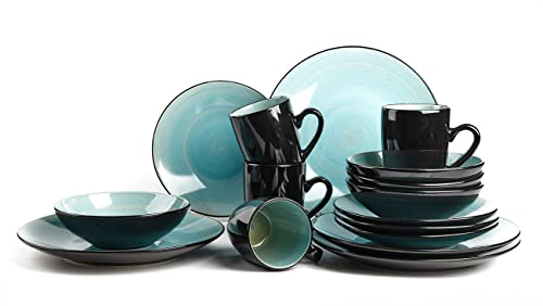 HomeVss Sonoma 16 Piece Stoneware Dinner Set, Outside Black + Inside Handpainted Color Turquoise with speckle