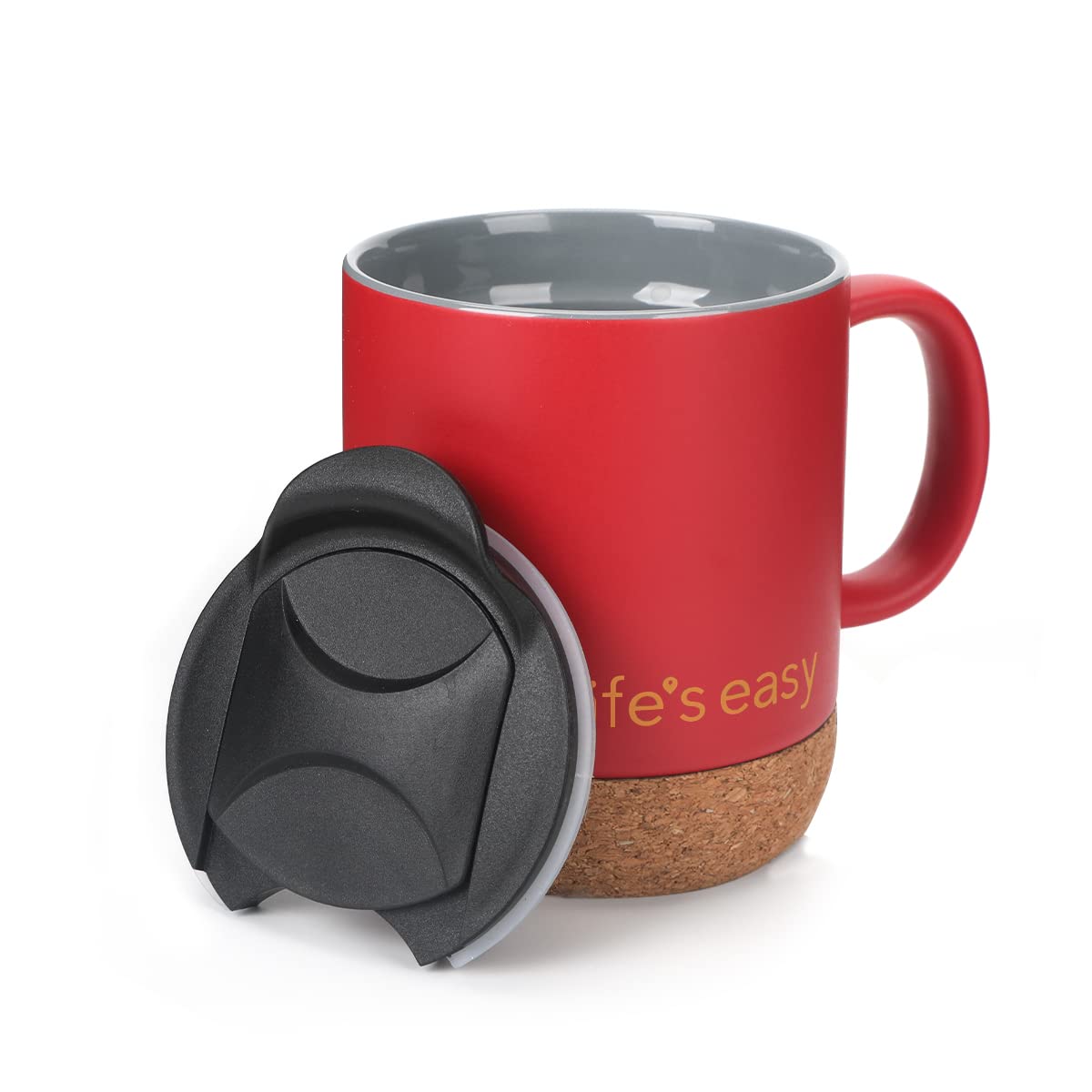 Life's Easy 12 oz Coffee Mug with Insulated Cork Bottom and Push-On Splash-Proof Lid - Red