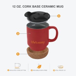 Life's Easy 12 oz Coffee Mug with Insulated Cork Bottom and Push-On Splash-Proof Lid - Red