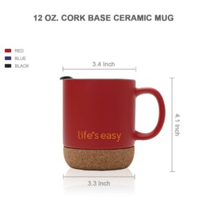 Life's Easy 12 oz Coffee Mug with Insulated Cork Bottom and Push-On Splash-Proof Lid - Red