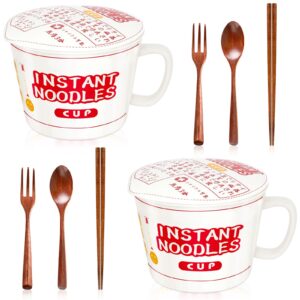 tessco 2 set 34 oz ramen bowl instant ramen noodle bowl ceramic with lid japanese ramen bowl with chopsticks spoons forks cute large soup bowl with handle ramen lovers gift