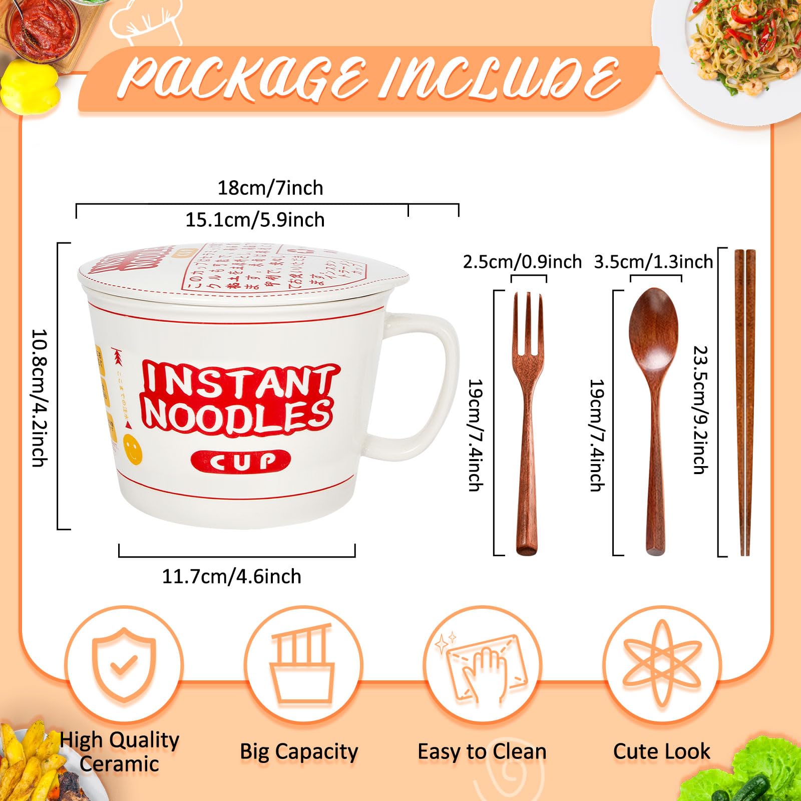 Tessco 2 Set 34 oz Ramen Bowl Instant Ramen Noodle Bowl Ceramic with Lid Japanese Ramen Bowl with Chopsticks Spoons Forks Cute Large Soup Bowl with Handle Ramen Lovers Gift