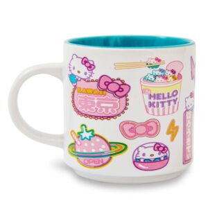 silver buffalo hello kitty kawaii tokyo allover icons ceramic stacking mug | holds 13 ounces