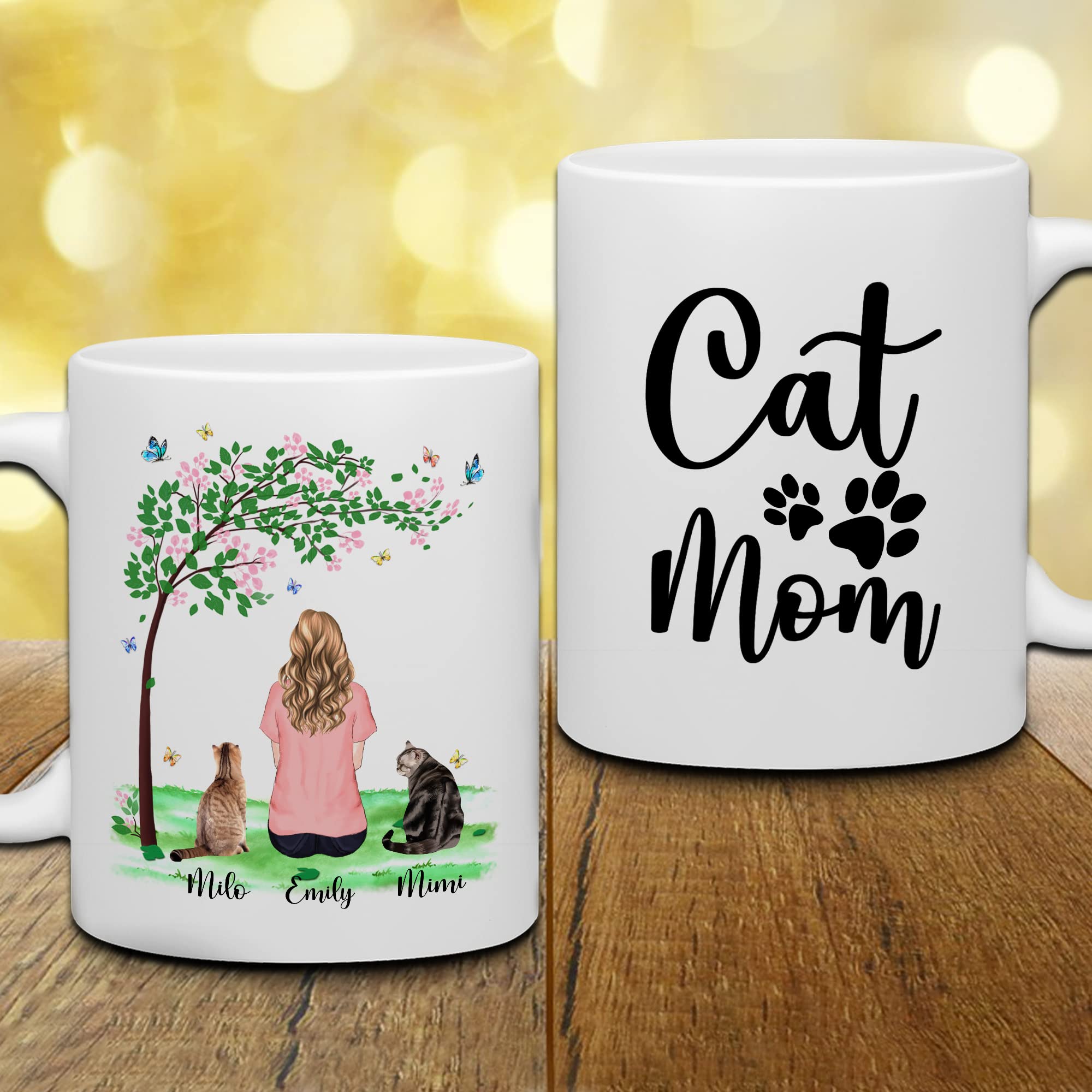 WHIDOBE Personalized Cat Mug (2 Cats) Custom 11oz, 15oz Coffee Mug for Cat Lover with Cat Owner's Avatar, Kitten, Names - Gifts for Women, Gift for Her, Customized Mug Gift for Cat Mom - Cat Mom