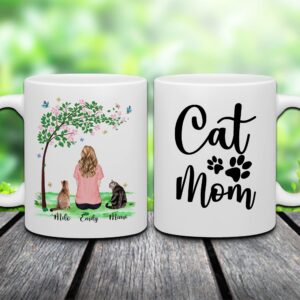 WHIDOBE Personalized Cat Mug (2 Cats) Custom 11oz, 15oz Coffee Mug for Cat Lover with Cat Owner's Avatar, Kitten, Names - Gifts for Women, Gift for Her, Customized Mug Gift for Cat Mom - Cat Mom