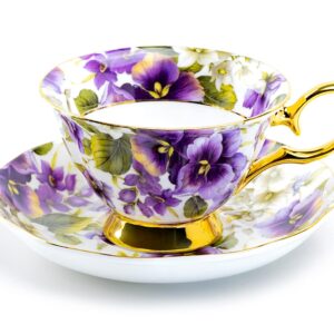 Grace Teaware Purple Pansy Gold Bone China Tea Cup and Saucer with Gold Trim