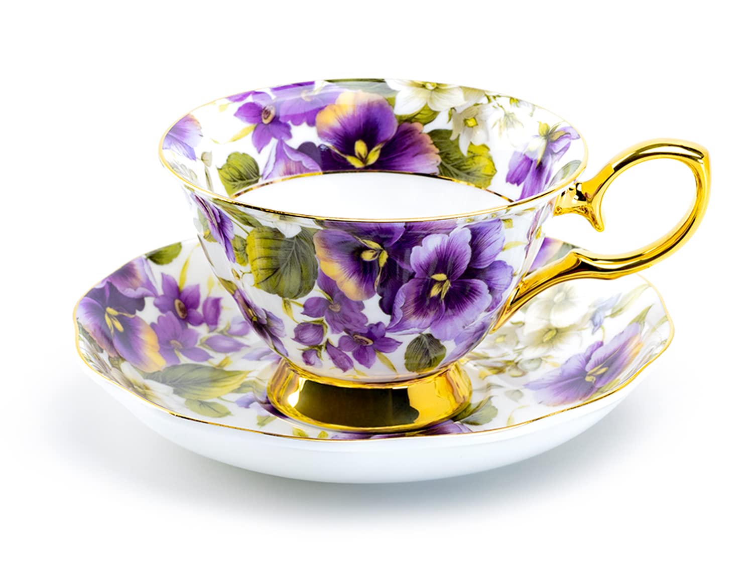 Grace Teaware Purple Pansy Gold Bone China Tea Cup and Saucer with Gold Trim